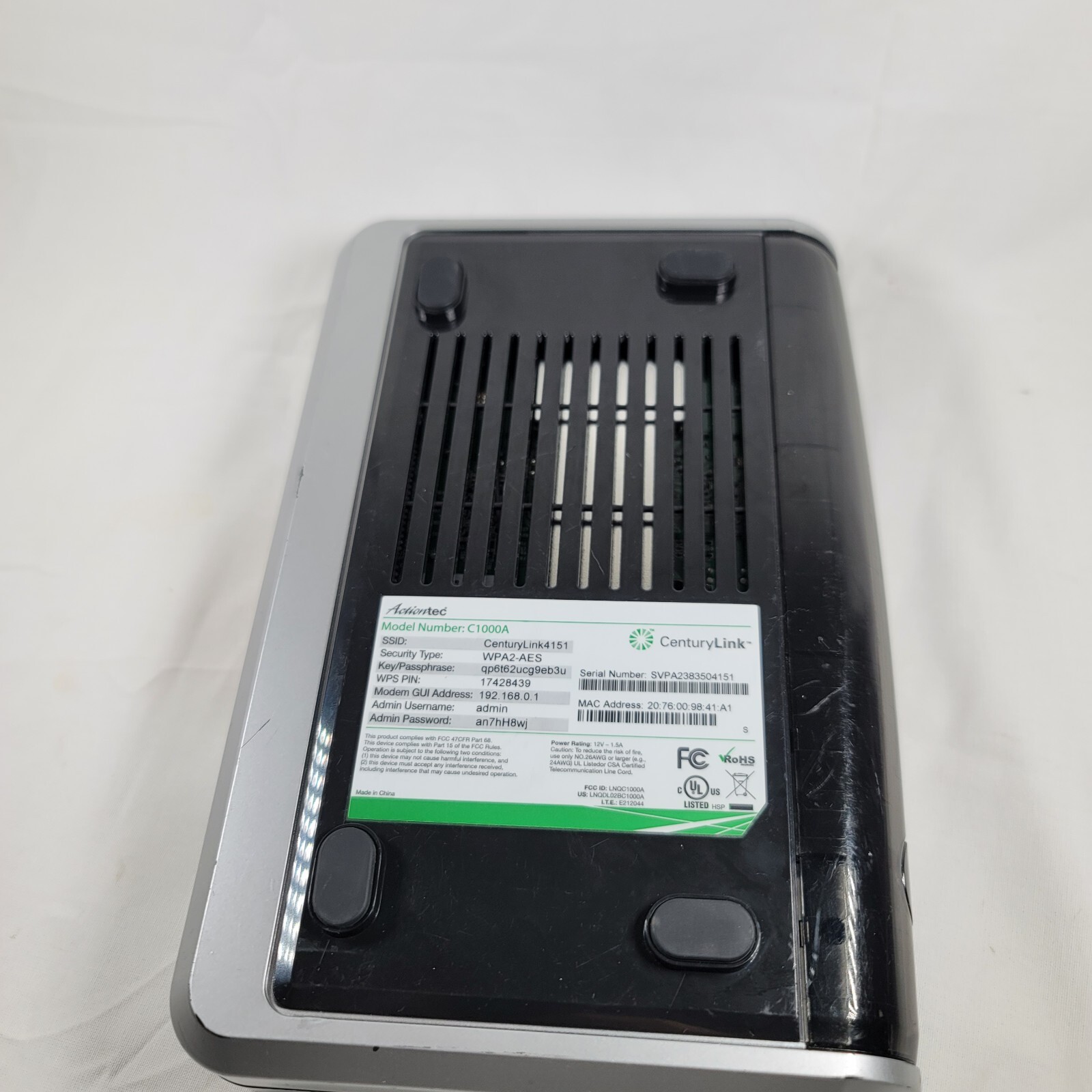 TESTED CENTURYLINK ACTIONTEC C1000A VDSL2 DSL 4-PORT WIFI ROUTER MODEM ...