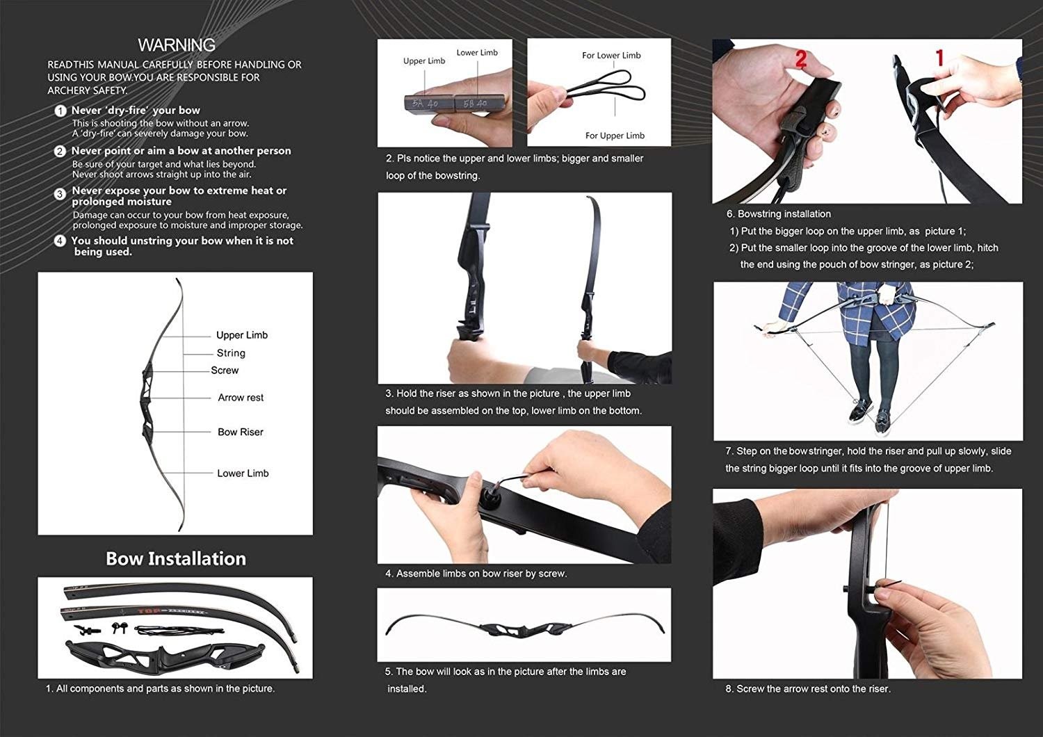Archery 56 Takedown Hunting Recurve Bow Metal Riser Right Hand Black ...