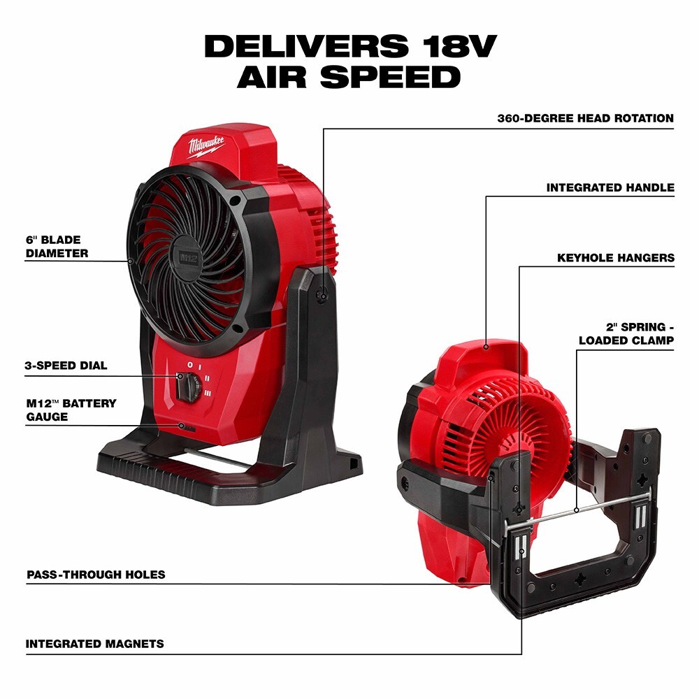 Milwaukee 0820-20 M12 12V Cordless Mounting Fan, 14 MPH - 400 CFM (Fan ...