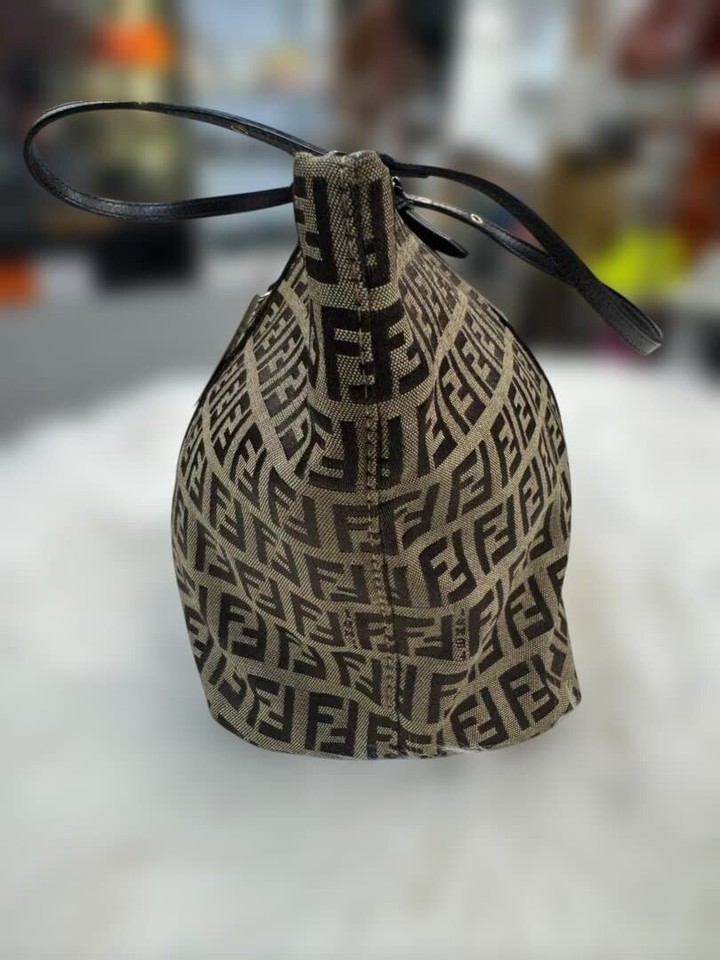 Fendi Zucca Monogram Mini Shopping Tote Bag Brown Canvas Charm Leather ...