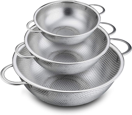 P&P CHEF Colander Set of 3, Stainless Steel Micro-Perforated Colanders ...