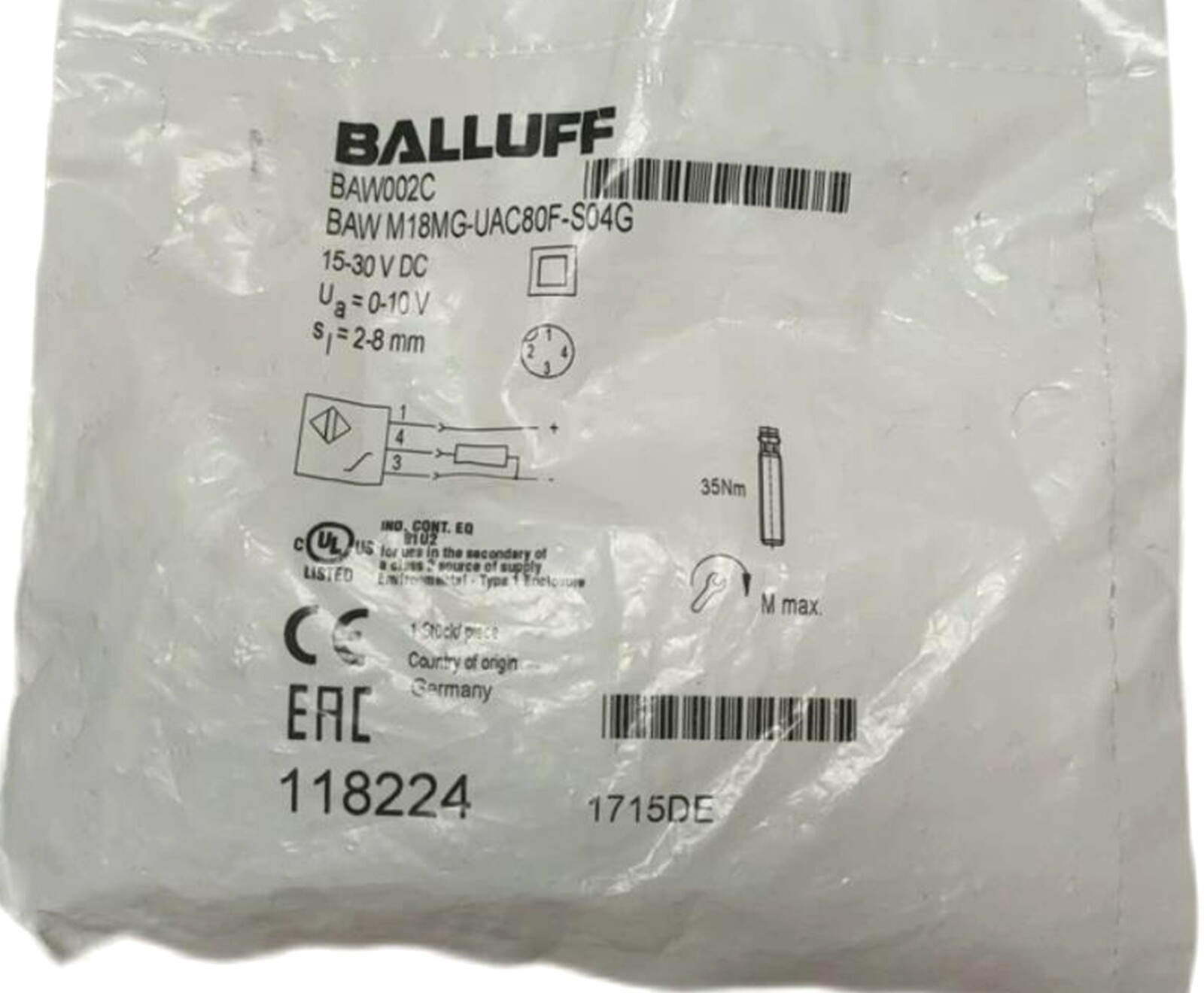 1Pcs BALLUFF BAW M18MG-UAC80F-S04G Inductive Distance Sensor for sale ...
