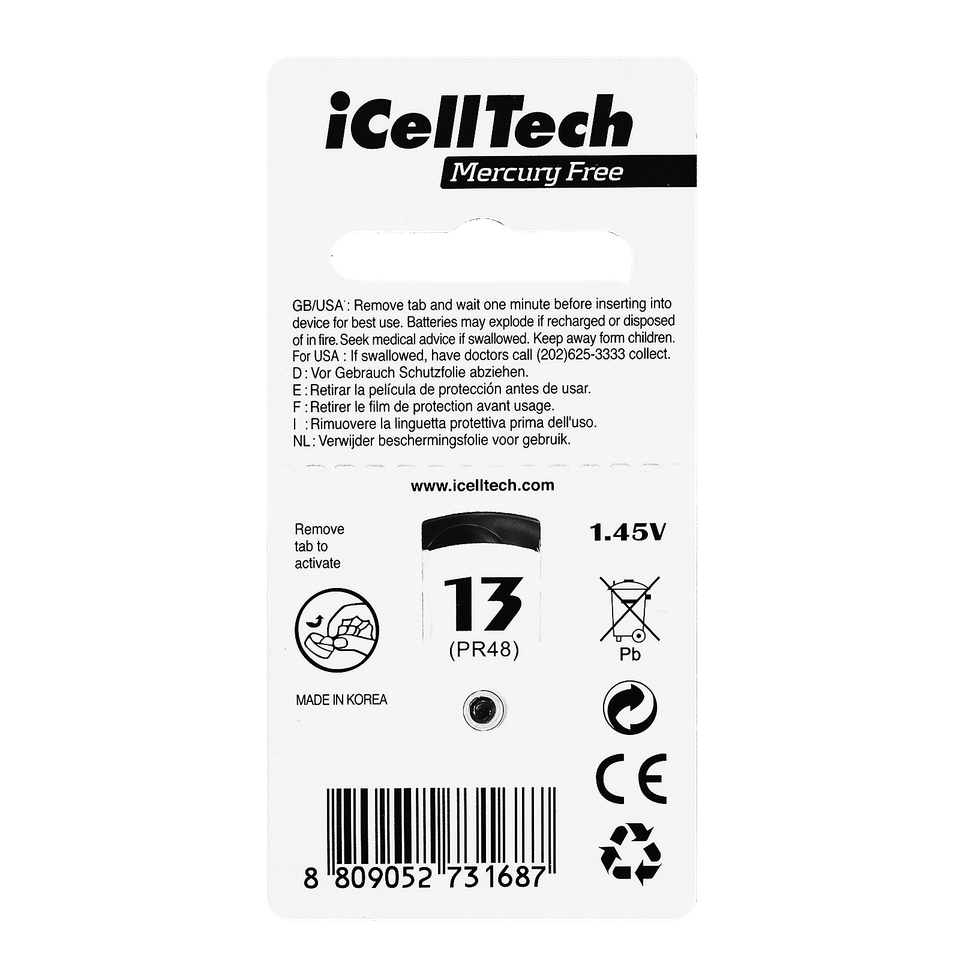 iCellTech Size 13 PR48 Zinc Air 1.45V Hearing Aid Batteries (60 Pack ...