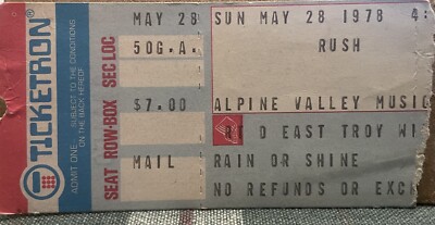 Rush Ticket Stub Alpine Valley, WI. May 28th, 1978 | eBay