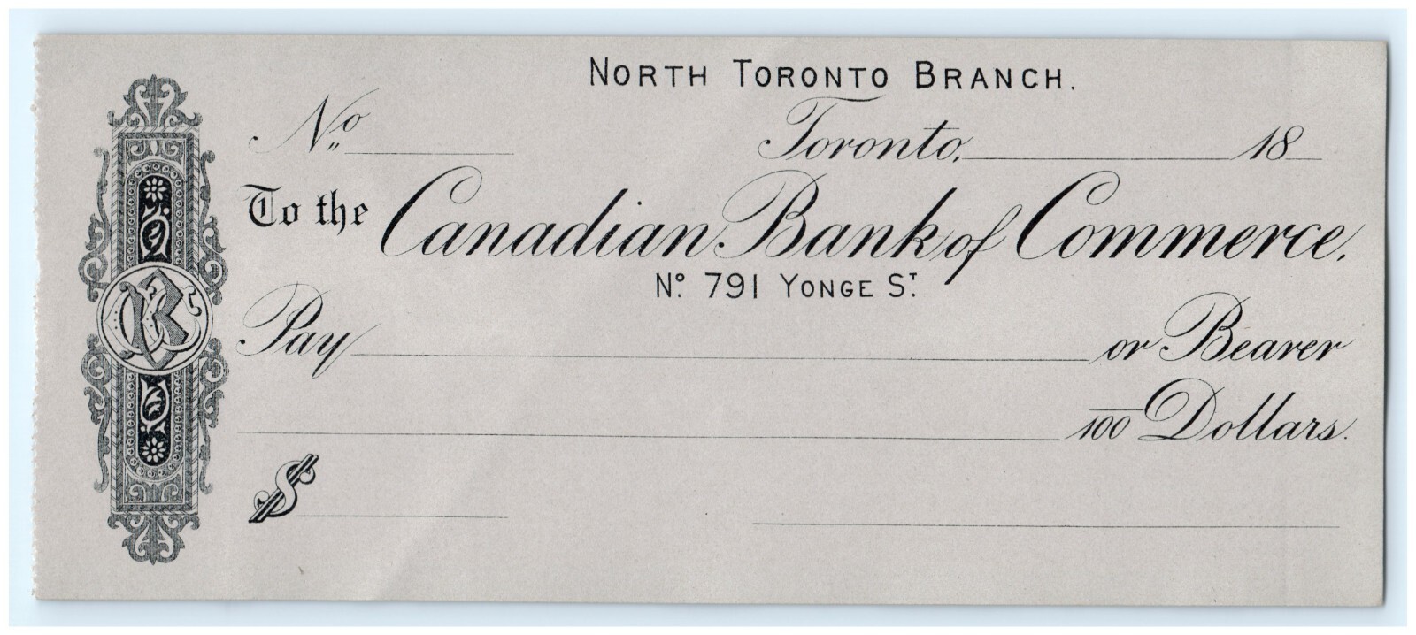 c1870 Canadian Bank of Commerce Check Unused North Toronto Branch | eBay