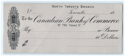 c1870 Canadian Bank of Commerce Check Unused North Toronto Branch | eBay