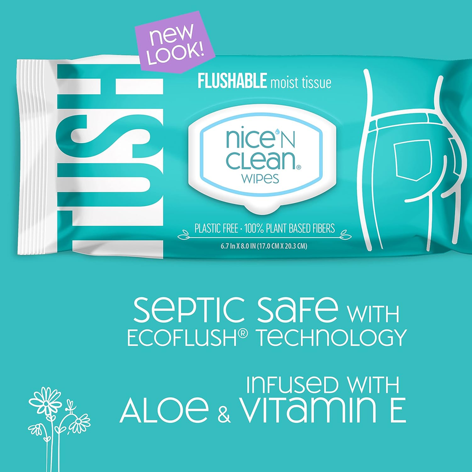 Adult Flushable Wipes, 3 Packs of 60 Plant-Based Fibers Aloe & Vitamin ...