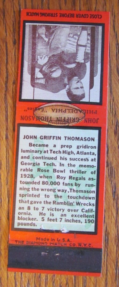 FOOTBALL MATCHBOOK MATCHCOVER: JOHN GRIFFIN THOMASON PHILADELPHIA ...