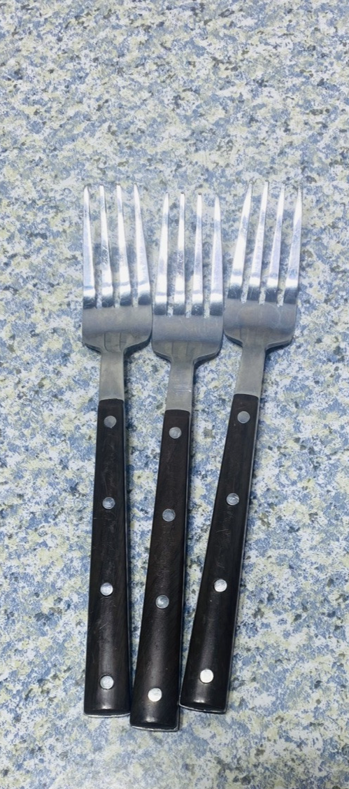 3 salad fork Stainless Steel Flatware Brown Riveted Handles 4 rivets ...