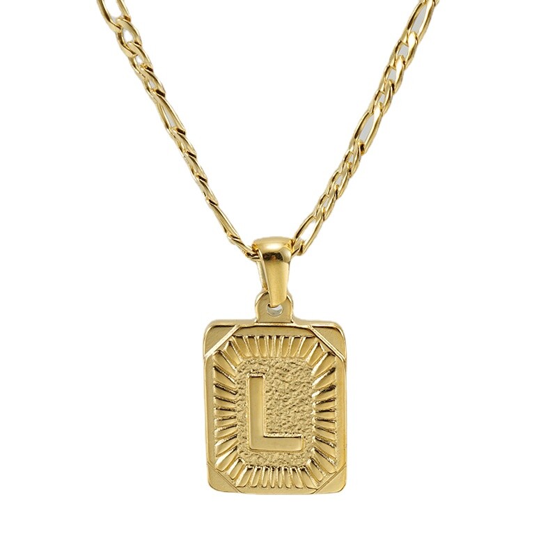 18K Gold Plated Square Capital Letter A-Z Monogram Pendant Figaro Chain ...