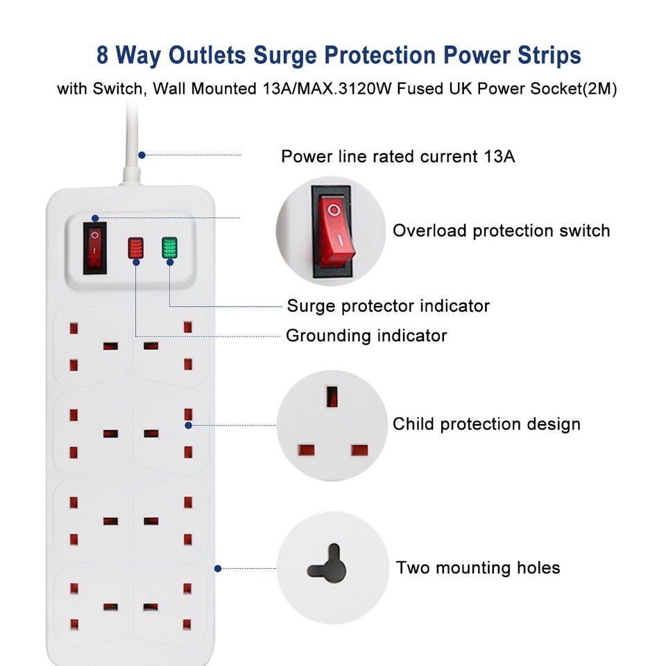 8 Gang Surge Protected Extension Lead 13A UK Power Electric Plug Socket ...