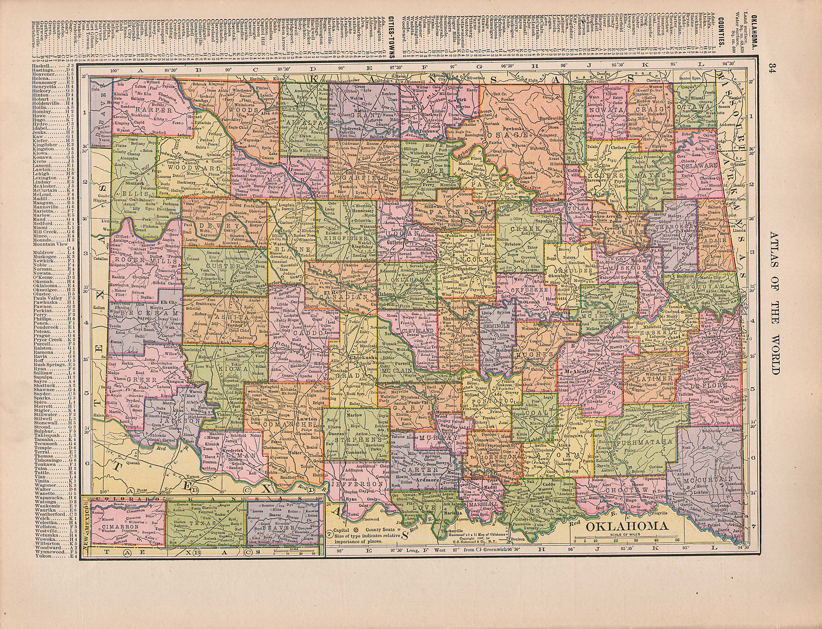 1909 MAP ~ OKLAHOMA STATE WITH COUNTIES CITIES-TOWNS OSAGE PUSHMATAHA ...
