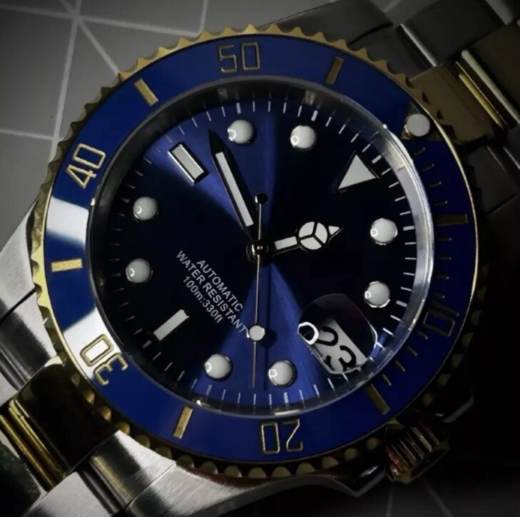 Custom 40mm “Bluesy” Style Mod Watch Sunburst Two Tone Gold Sub w/NH35 ...