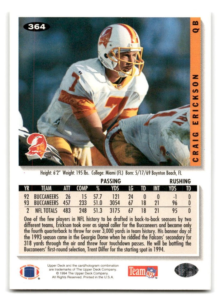 Craig Erickson 1994 Collector's Choice FOOTBALL #364 Tampa Bay ...