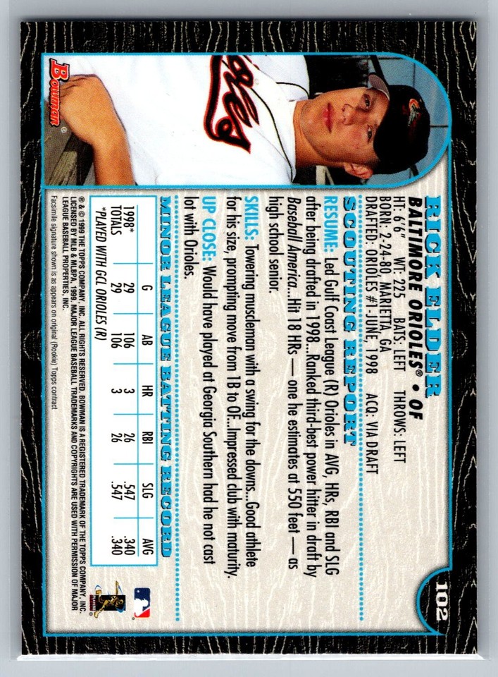 Rick Elder 1999 Bowman BASEBALL #102 Baltimore Orioles RC | eBay
