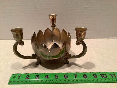 Vintage Leonard brass plate lotus bowl with 3 candle taper holders | eBay