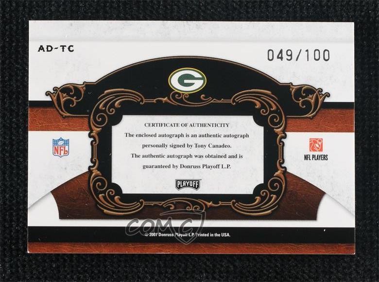 2007 Playoff National Treasures All Decade Cut Signatures Tony Canadeo ...