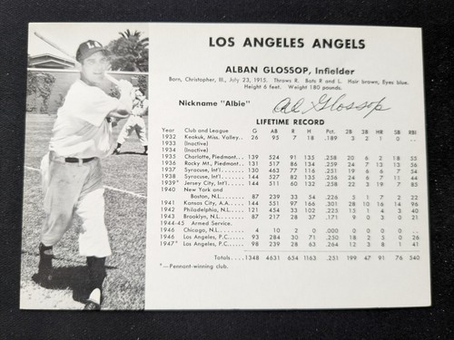 1948 PCL Los Angeles Angels Baseball Card - Alban Glossop (EX/NM) | eBay