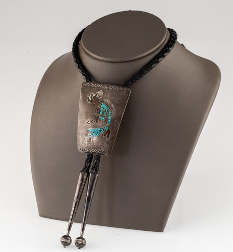 Sterling Silver Kokopelli Turquoise and Coral Inlay Bolo Tie w/ Braided ...