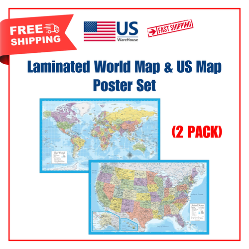 2 Pack - Laminated World Map & US Map Poster Set - Wall Chart Map of ...