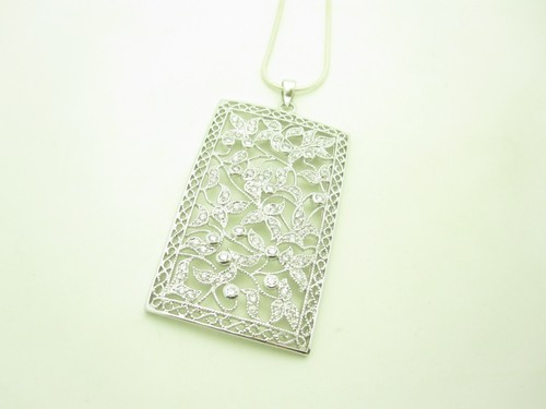 Sterling Silver Clear CZ Bar Pendant Flower Leaf Pattern Chain Necklace ...