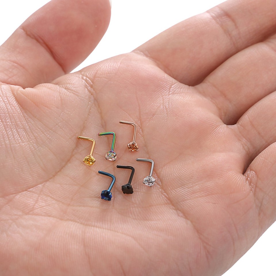 6 pcs Surgical Steel Nose Stud L Shaped Ring Mixed Color CZ 20G ...