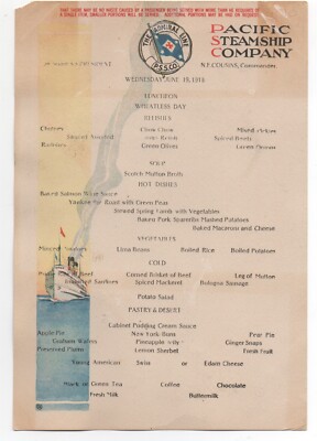 1918 Pacific Steamship Co Lunch Menu Admiral Line | eBay