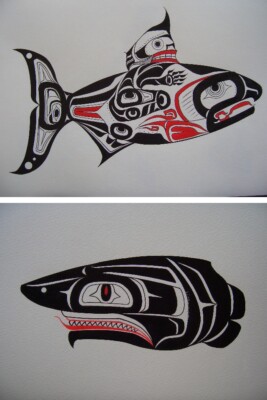 2 PRINTS: SALMON & SHARK 8.5x11" American Native style spirit animal ...