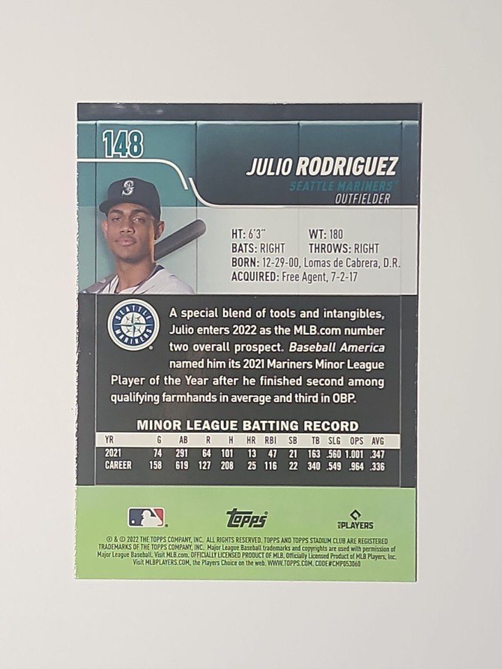 2022 Topps Stadium Club Julio Rodriguez Rookie Card #148 Seattle ...