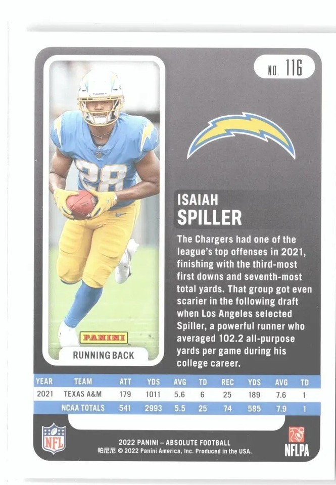 2022 Panini Absolute SILVER #116 Isaiah Spiller ROOKIE Texas A&M, LA ...