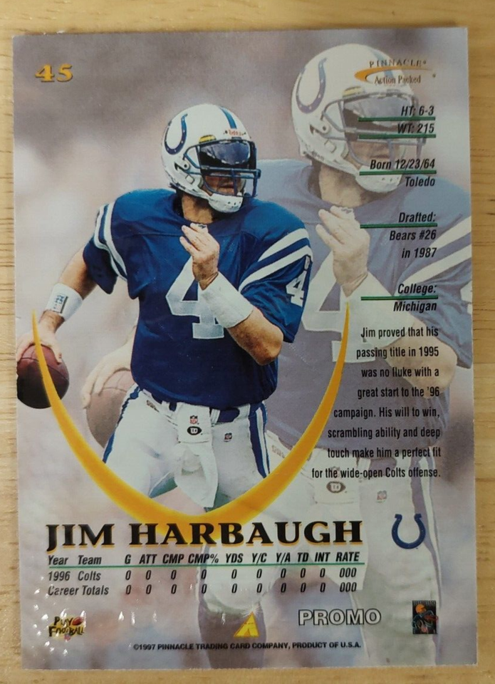 JIM HARBAUGH 1997 PINNACLE ACTION PACKED FOOTBALL CARD #45 | eBay