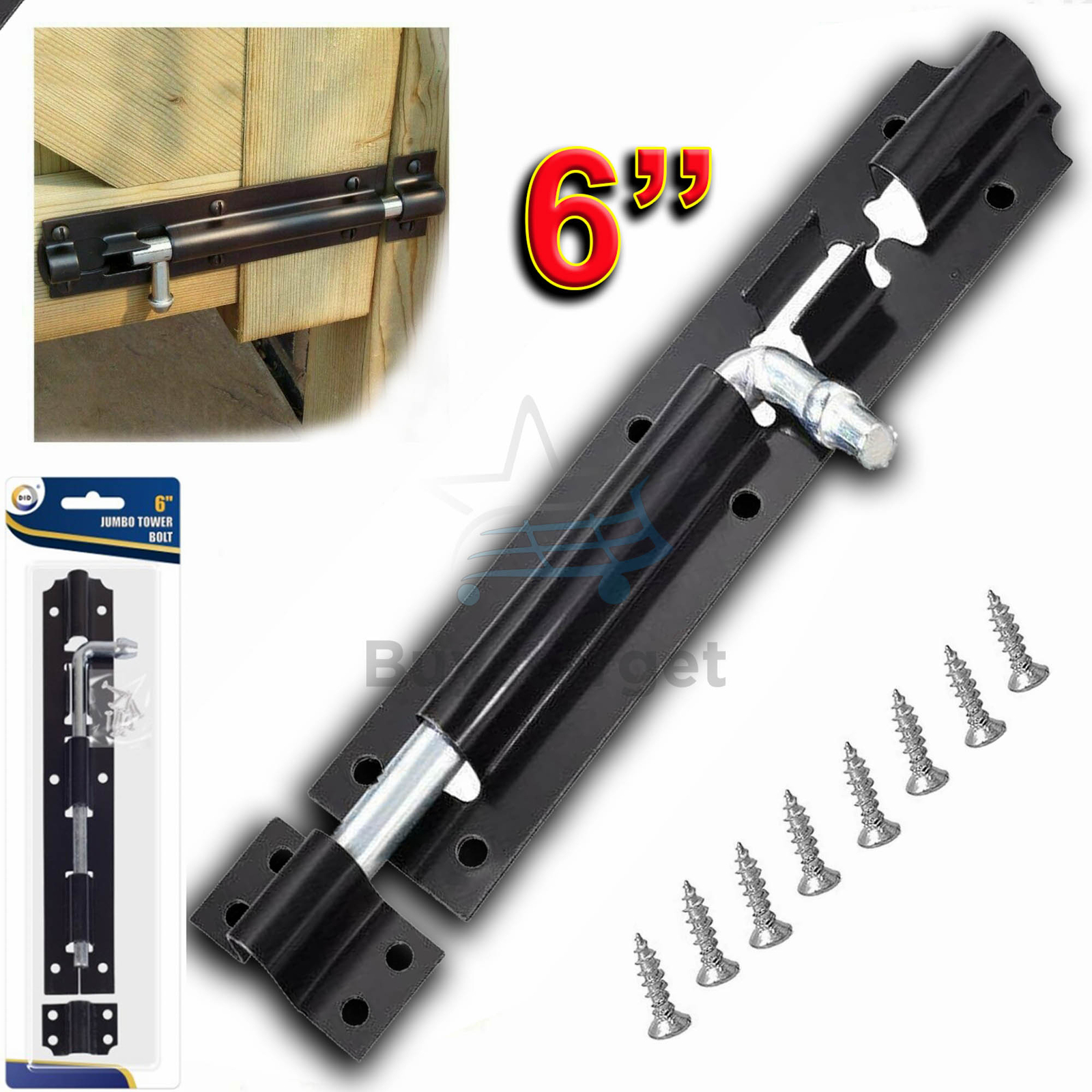 🔥150mm Heavy Duty Tower Bolt Straight Black Lock Slide Gate Door Latch ...