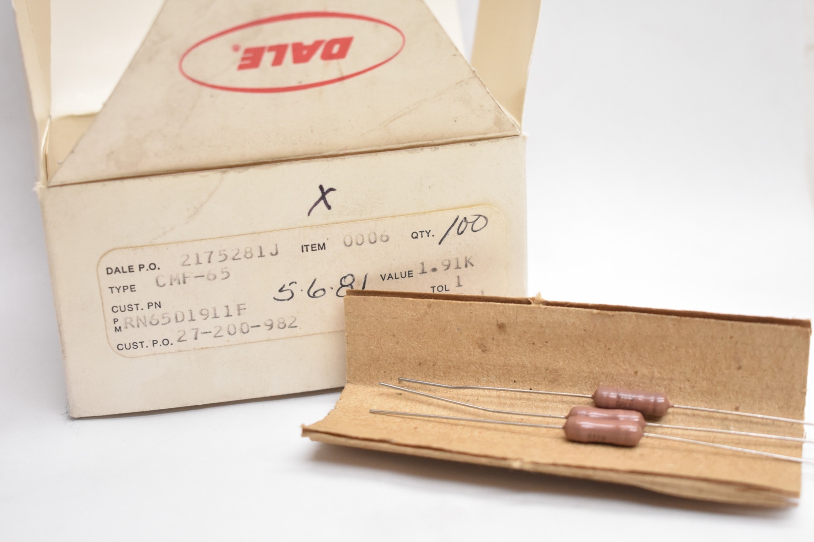 Dale RN65D1911F Type CMF-65 Metal Film Resistors 1.91kOhms Box of 100 ...