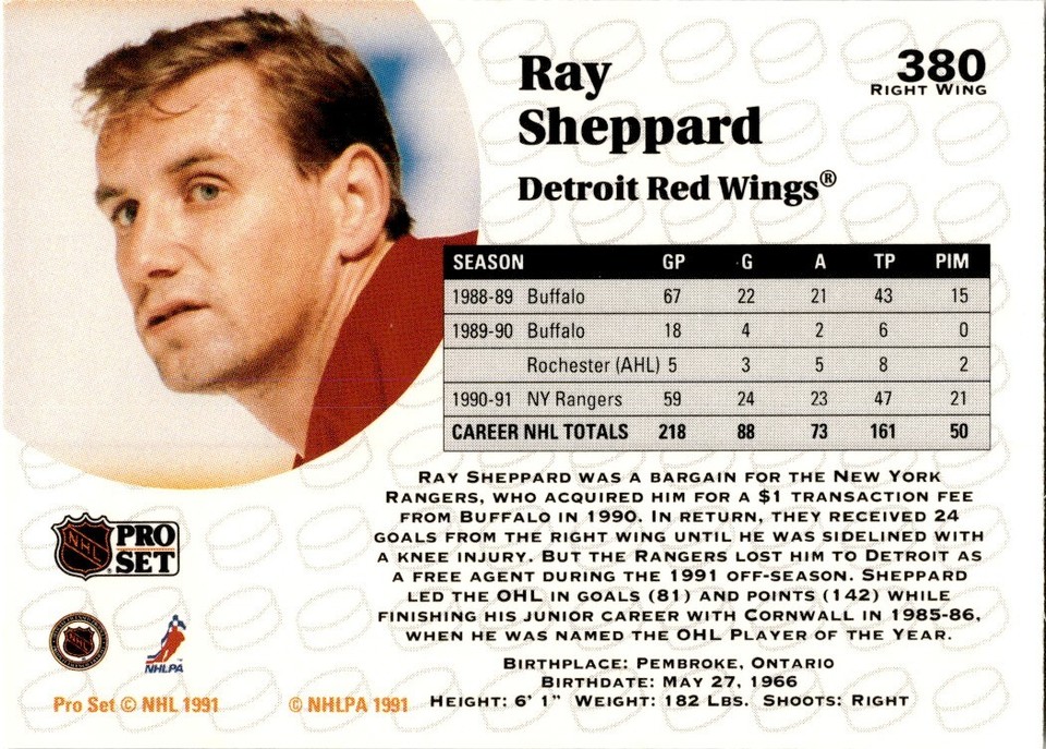 1991-92 Pro Set Ray Sheppard Detroit Red Wings #380 | eBay