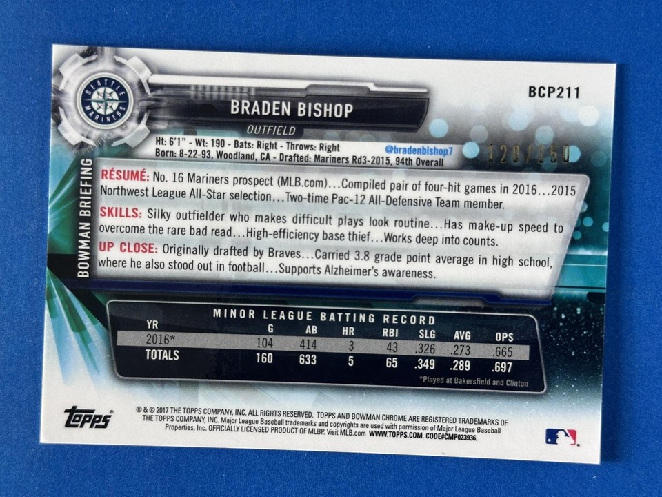 2017 Bowman Chrome Blue Shimmer Refractor Braden Bishop Mariners #/150 ...