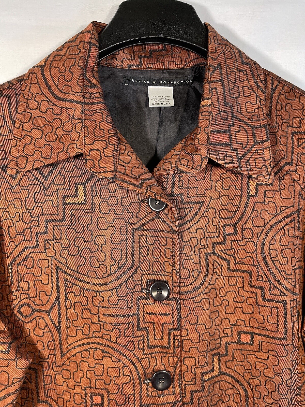 PERUVIAN CONNECTION Geometric BROWN Cotton Blazer Flap Pockets Jacket ...