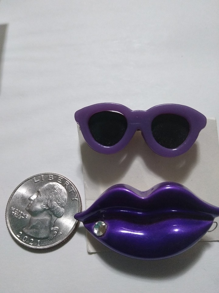 VTG NEW WAVE FUN FUNKY EGGPLANT PURPLE NOS RHINESTONE LIPS & SUN ...