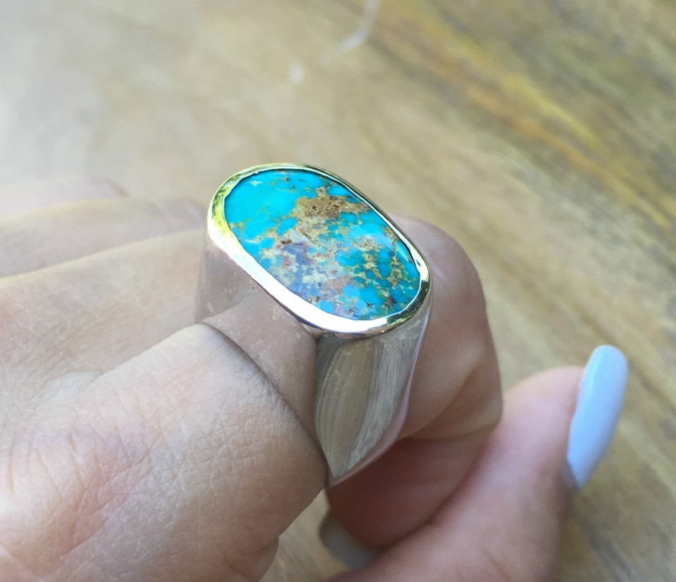 Horizontal Oval Spider web Neyshabour Turquoise Sterling Silver ...