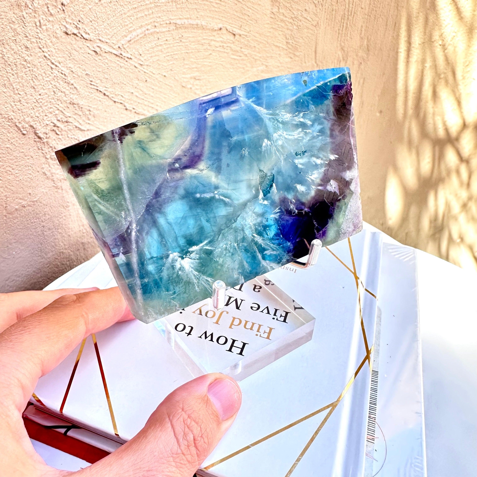 Rainbow Feather Snowflake Fluorite Crystal Slab Slice on Stand with ...