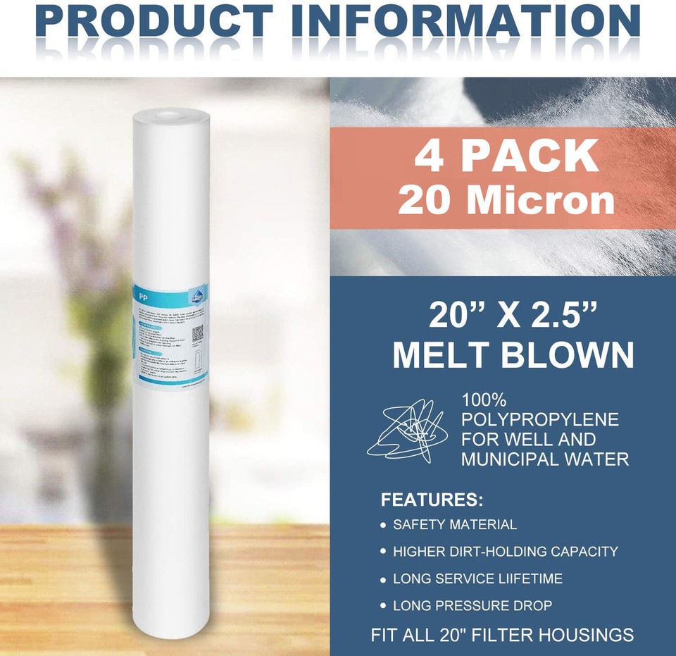 4 Pack 20 Micron 20" x 2.5" Sediment Water Filter Cartridges Replace ...