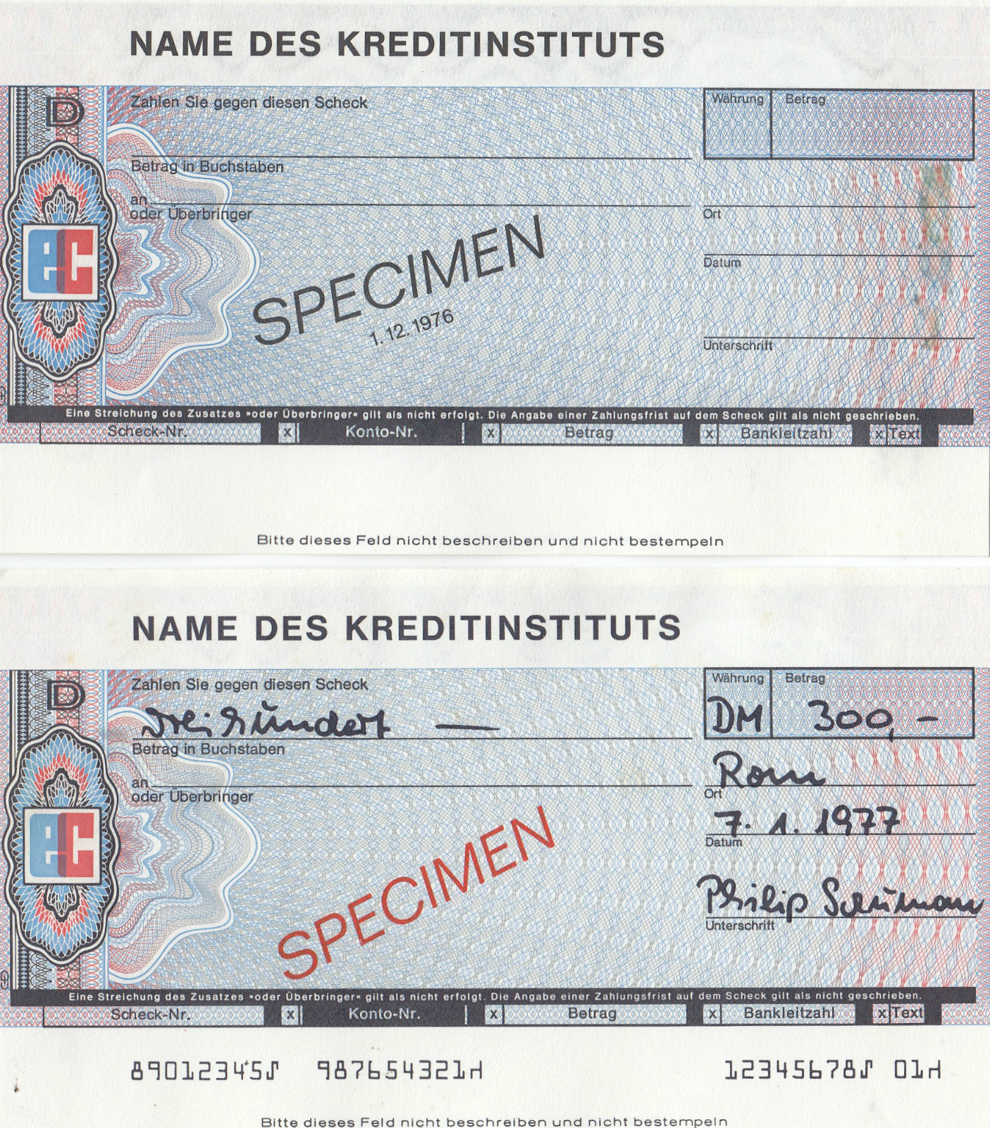 Credit Institute Germany pair of Traveller's Cheques SPECIMEN one ...