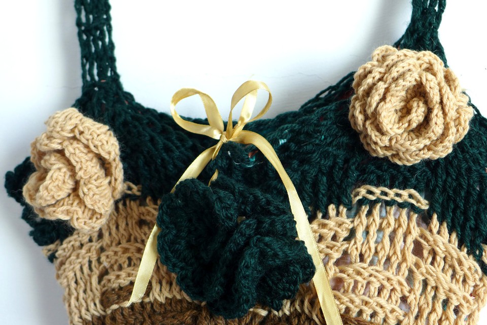 Womens Bag Handmade Crocheted Acrylic Wool With Flowers 12x20 inch ...