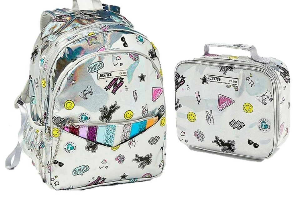 Justice Backpack, Lunch Box and Detachable Pencil Case Silver Stickers ...