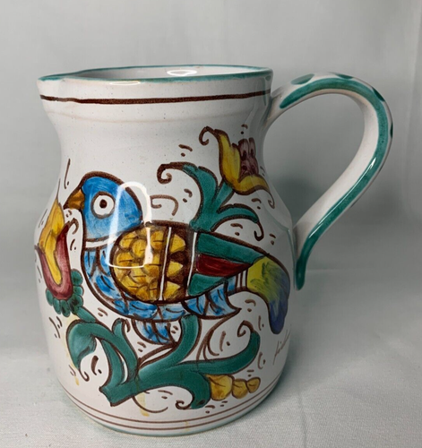 CAFF Gubbio Pottery Water Pitcher Signed Italy Hand Painted Bird Folk ...