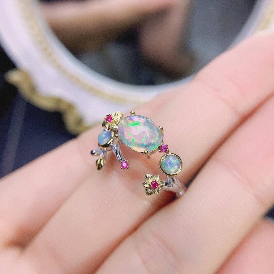Cluster White Opal & Ruby 18K Solid Gold Ring Tree Plant Flower Ring ...
