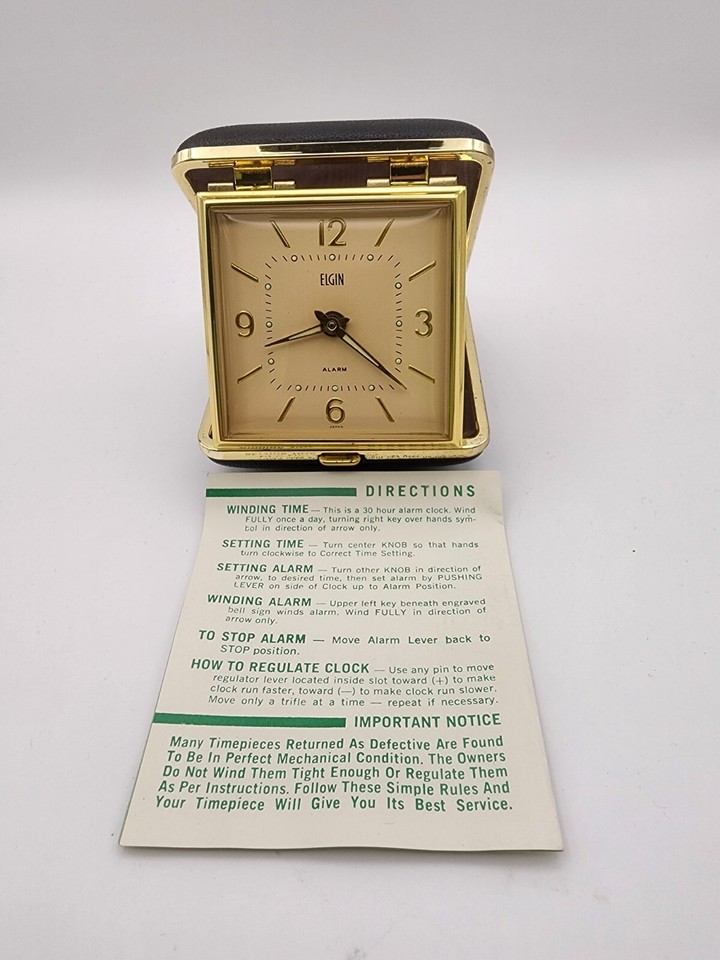 Vintage Elgin Travel Alarm Clock Black Clamshell Wind-Up Luminous Hands ...