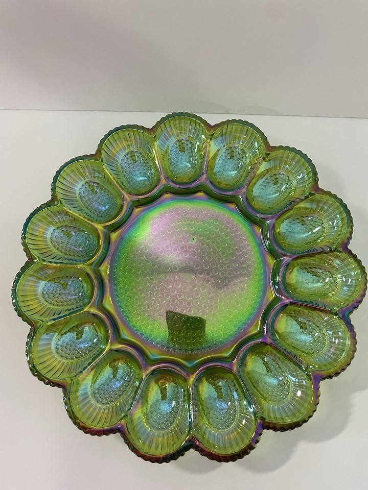 Vtg Indiana Carnival Glass Deviled Egg Plate Server Green Iridescent ...