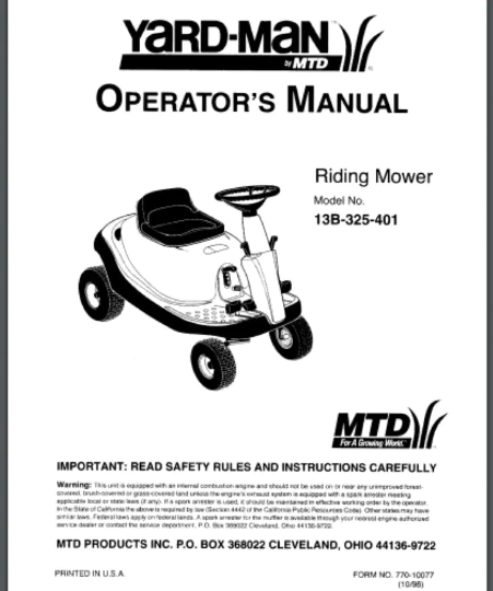 Yard-Man Bug MTD Riding mower 13B-325-401 Operator's and parts lists ...