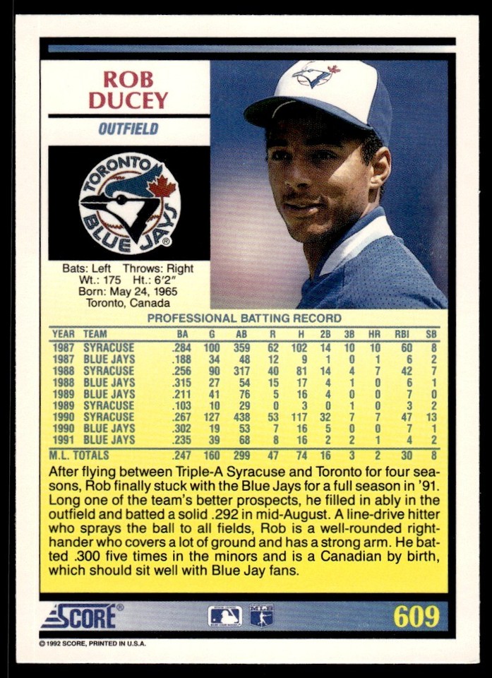 1992 Score Baseball Card Rob Ducey Toronto Blue Jays #609 | eBay