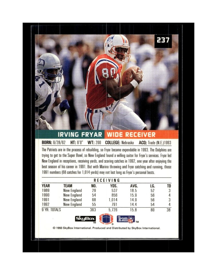 1993 SkyBox Premium Irving Fryar Miami Dolphins #237 NFL Football Card ...